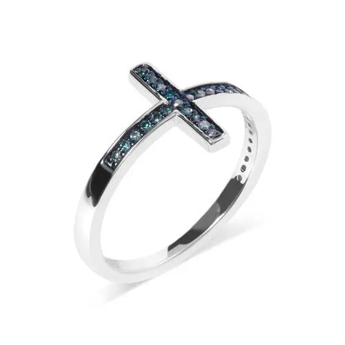 HAUS OF BRILLIANCE Sterling 1/6 Cttw Blue Diamond Cross Stackable Ring