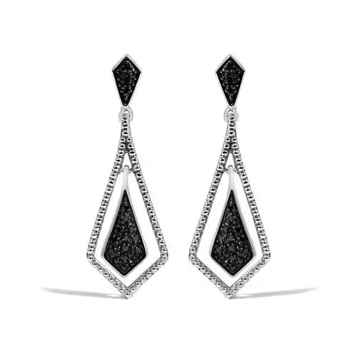 HAUS OF BRILLIANCE Sterling 1/10 Cttw Black Diamond Beaded Open Kite Dangle Earrings - Silver