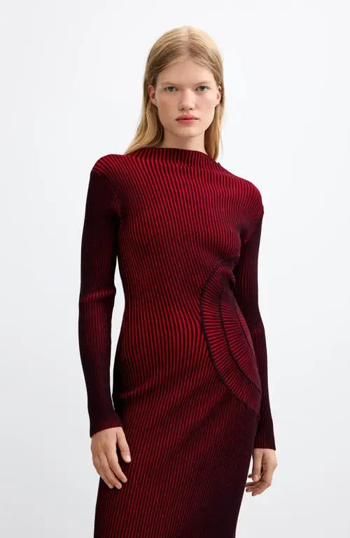 Desigual Mock Neck Rib Long Sleeve Midi Dress - Red
