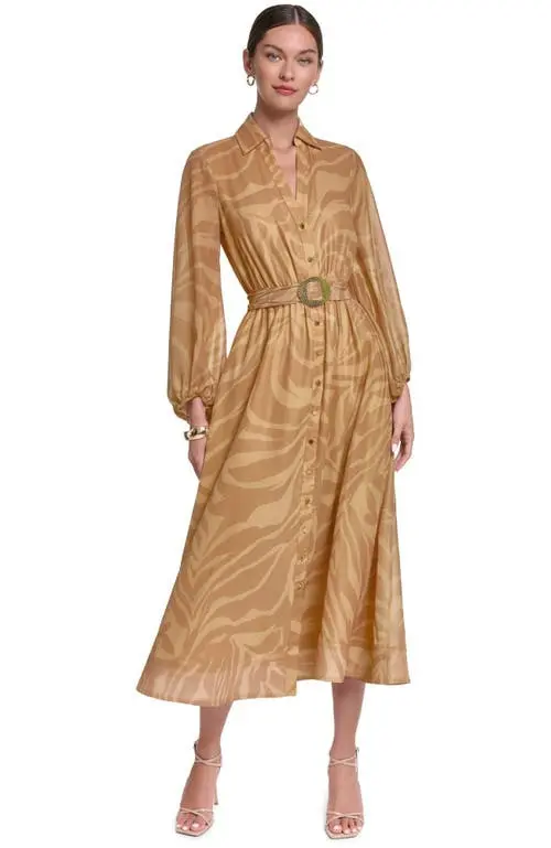 Halston Printed Belted Midi Formal Shirt Dress - Bronze Multi