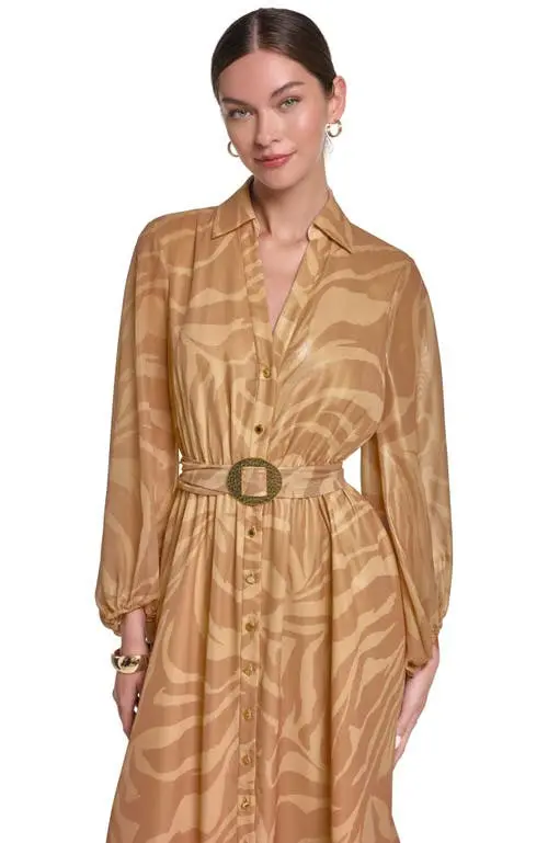 Halston Printed Belted Midi Formal Shirt Dress