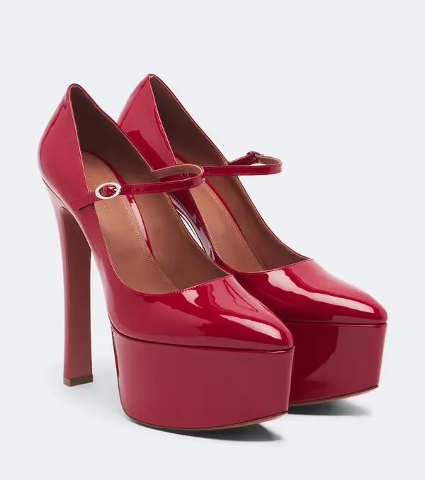 Amina Muaddi Cynthia Leather Platform Mary Jane Pumps - Red