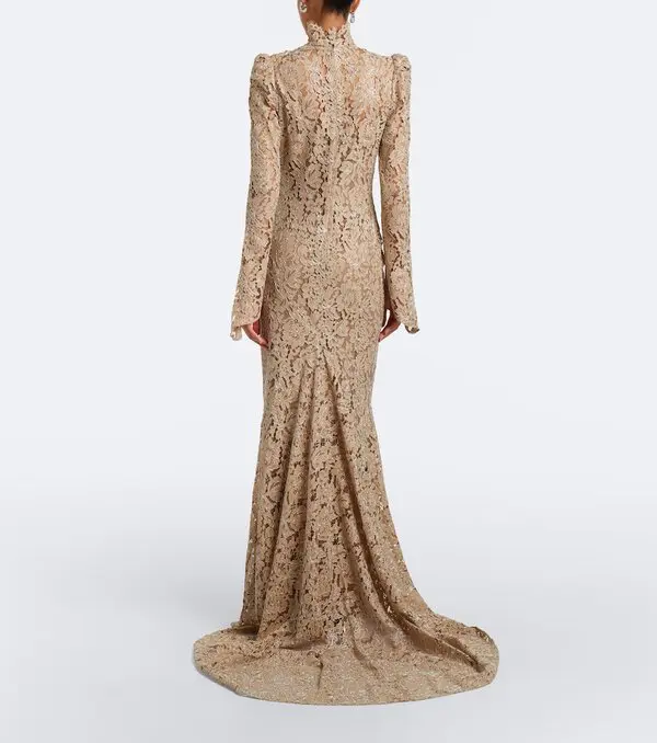 DE LA VALI Votiva Lace Lamé Gown - Beige