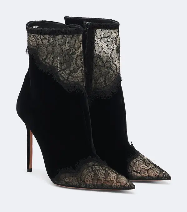 AQUAZZURA Meadow Velvet And Lace Ankle Boots - Black