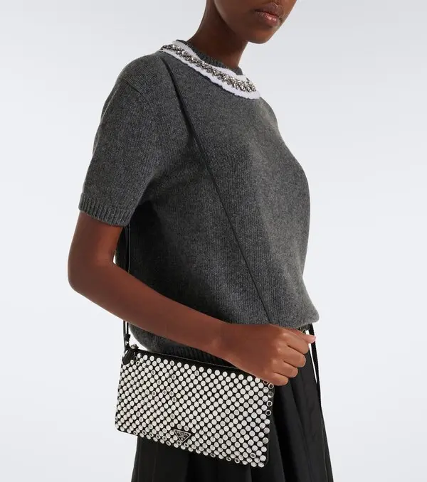 Prada Embellished Leather-trimmed Shoulder Bag