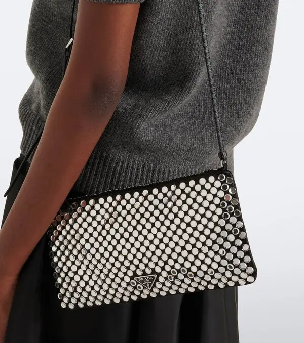 Prada Embellished Leather-trimmed Shoulder Bag