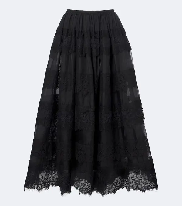 Elie Saab Lace-trimmed Organza Midi Skirt