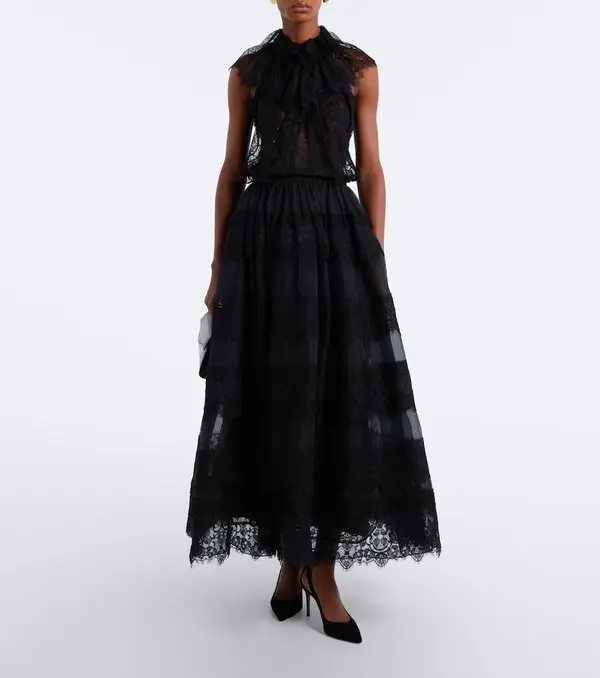 Elie Saab Lace-trimmed Organza Midi Skirt