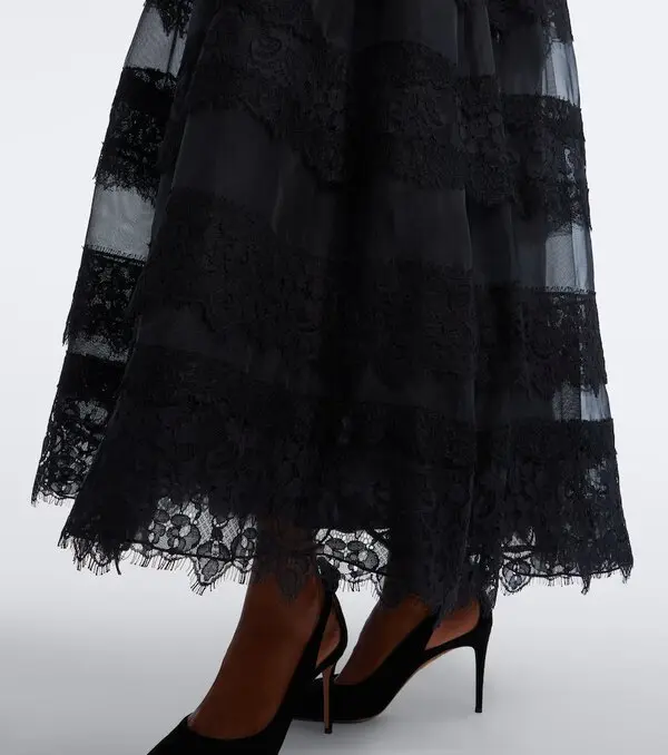 Elie Saab Lace-trimmed Organza Midi Skirt