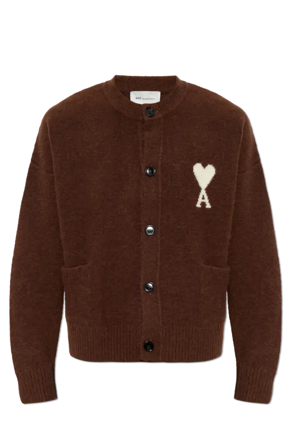 AMI Paris Wool Cardigan With Logo - Brown