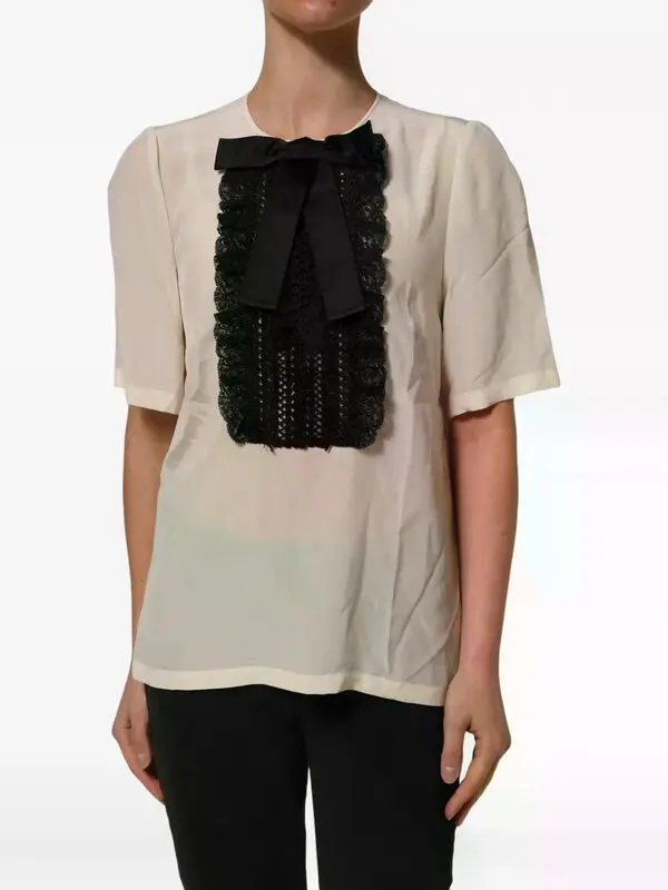 Dolce & Gabbana Beige Lace-trim Bow Short-sleeves Blouse Top - Neutrals