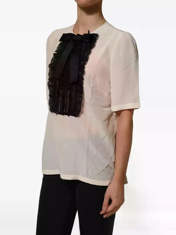Dolce & Gabbana Beige Lace-trim Bow Short-sleeves Blouse Top