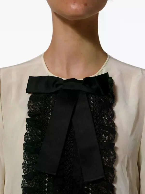 Dolce & Gabbana Beige Lace-trim Bow Short-sleeves Blouse Top