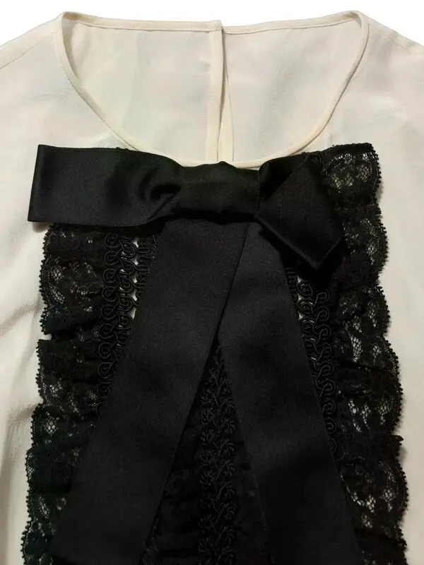 Dolce & Gabbana Beige Lace-trim Bow Short-sleeves Blouse Top