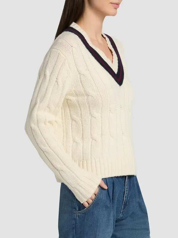NILI LOTAN Fabiana Wool V-stripe Cable-knit Sweater