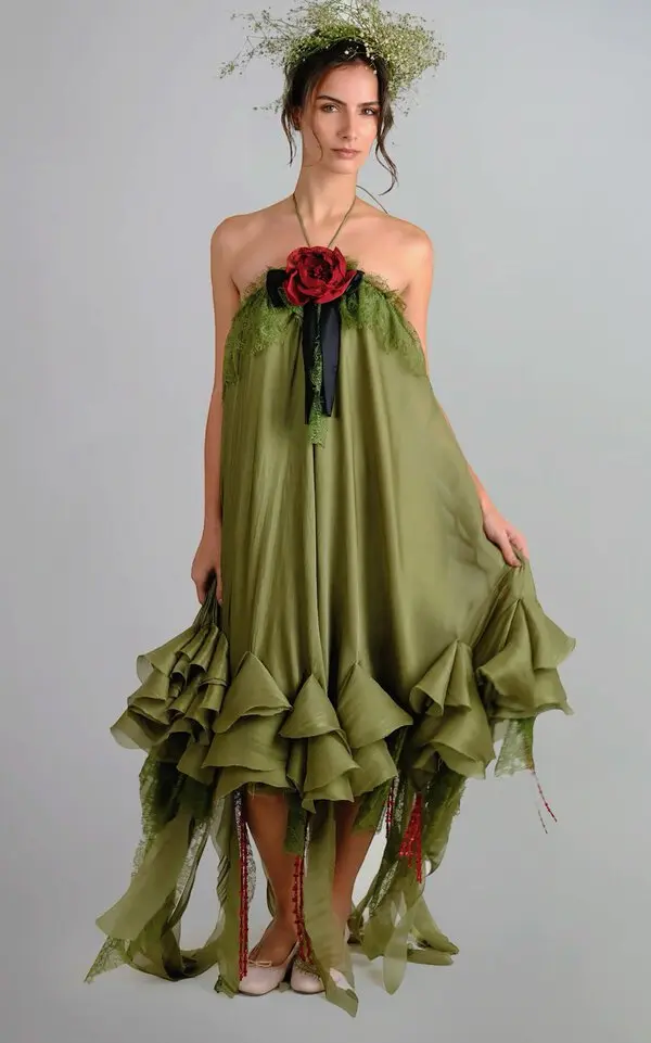 SALMA OSMAN Exclusive Draped Floral Ruffle Silk-blend Gown