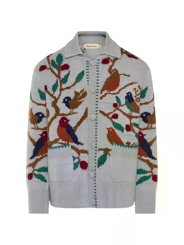 BAZISZT Bird-intarsia Button-up Cardigan - Grey