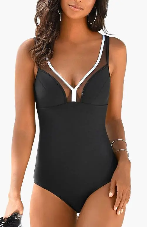 LASCANA Mesh Trim Tummy Control One Piece Swimsuit Bra-sized
