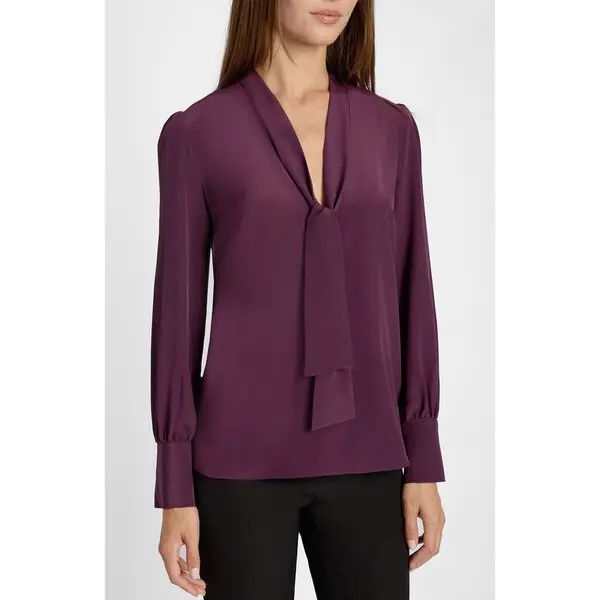 Santorelli Francis Tie Neck Blouse In Silk Crepe De Chine - Plum