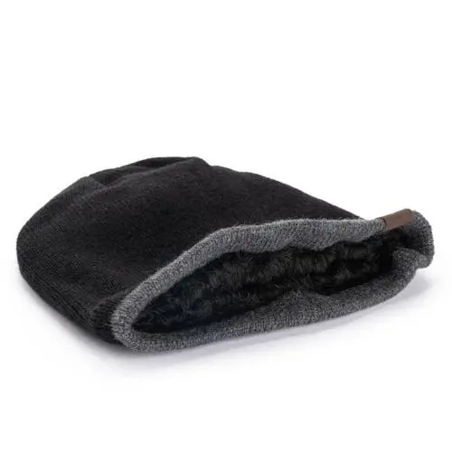 MUK LUKS Heat Retainer Contrast Trim Knit Beanie - Ebony