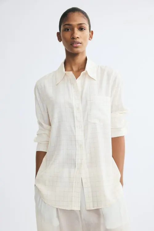 H&M Viscose-blend Shirt - Cream/grid Pattern