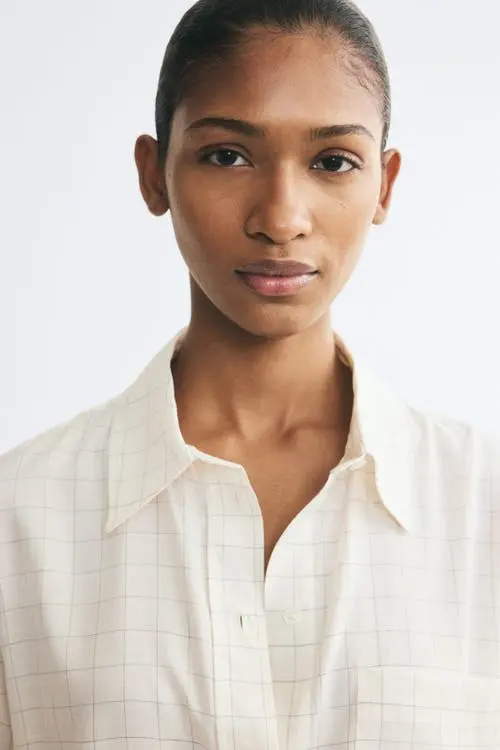 H&M Viscose-blend Shirt - Cream/grid Pattern