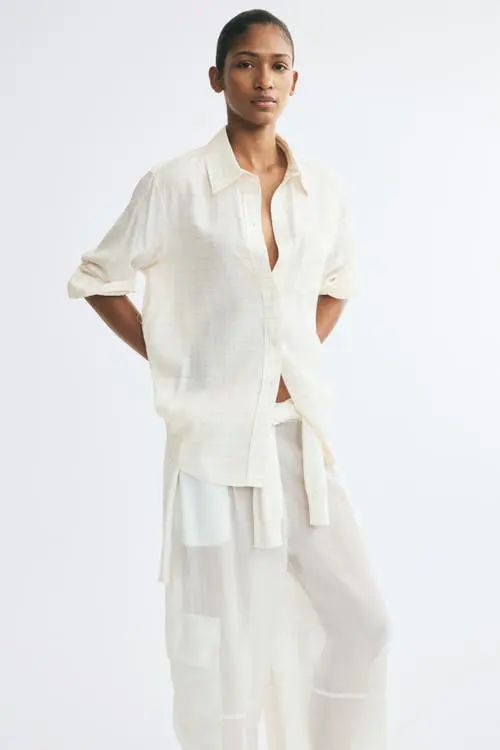 H&M Viscose-blend Shirt - Cream/grid Pattern