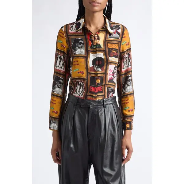 Alice + Olivia Mailynn Cinema Print Point Collar Blouse - Silver Screen