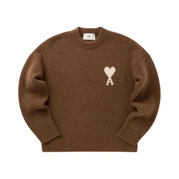 AMI Paris Quota Crewneck Sweater With De Coeur 'marron Chocolat/ecru - Red