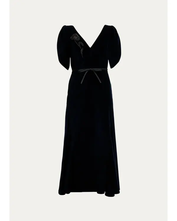 Erdem Embellished Velvet Short-sleeve A-line Midi Dress