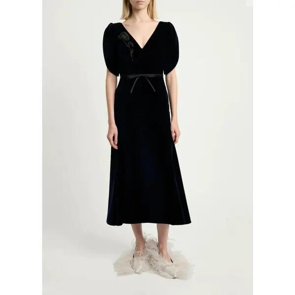 Erdem Embellished Velvet Short-sleeve A-line Midi Dress