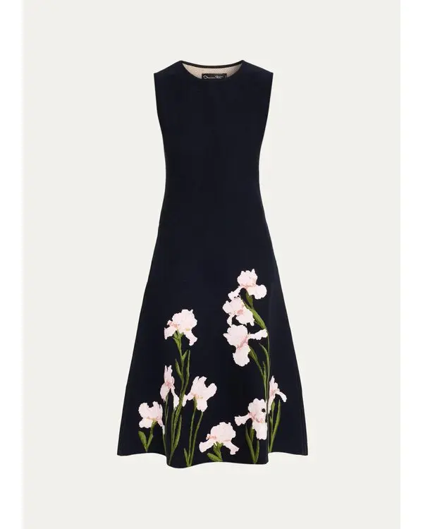 Oscar De La Renta Sleeveless Iris Knit Jacquard Midi Dress