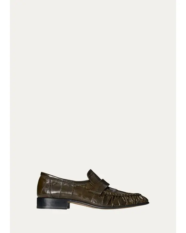 THE ROW Crinkled-leather Penny Loafers - Olive