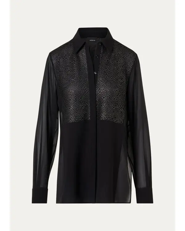 Akris Metallic Lace Bib Silk Georgette Tunic Blouse