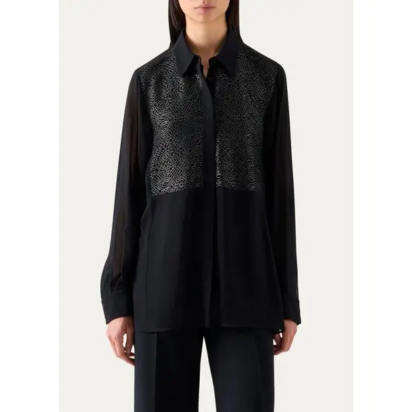 Akris Metallic Lace Bib Silk Georgette Tunic Blouse