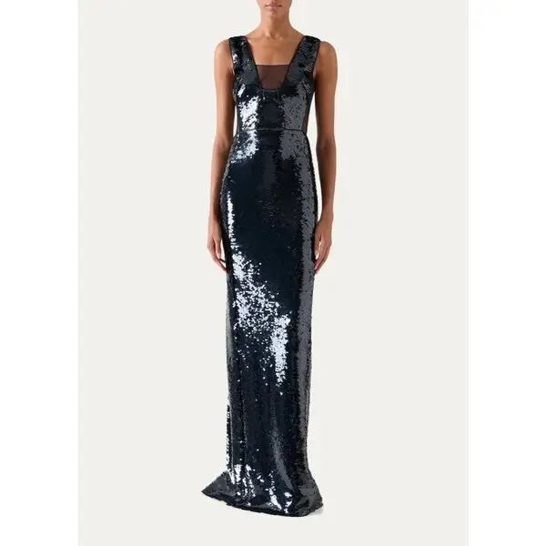 Akris Sleeveless Sequined Tulle Illusion Cutout Column Gown