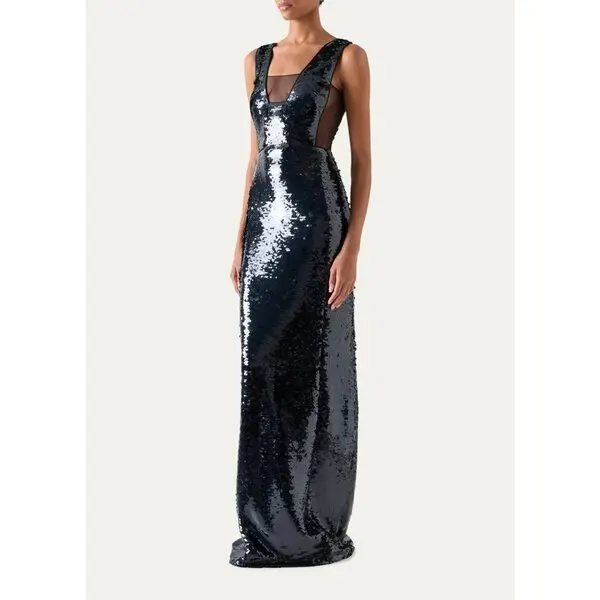 Akris Sleeveless Sequined Tulle Illusion Cutout Column Gown