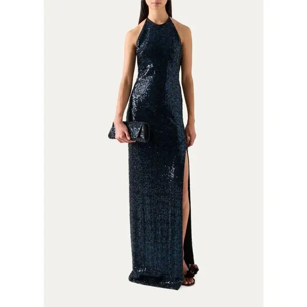Akris Sequined Tulle Halter Slit Gown