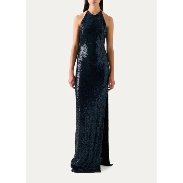 Akris Sequined Tulle Halter Slit Gown
