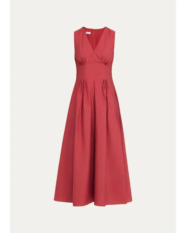 Brunello Cucinelli V-neck Pleated Techno Cotton Poplin Sleeveless Midi Dress