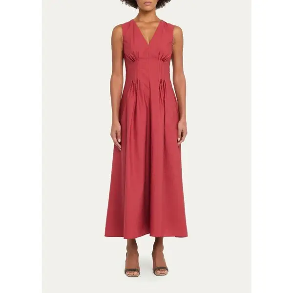 Brunello Cucinelli V-neck Pleated Techno Cotton Poplin Sleeveless Midi Dress
