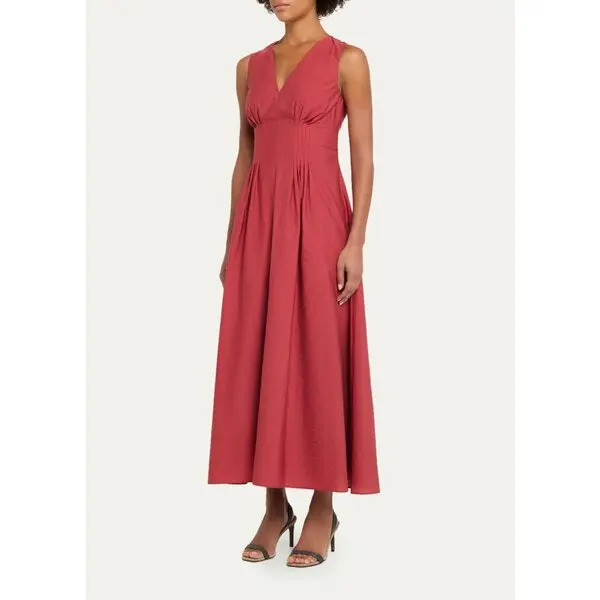 Brunello Cucinelli V-neck Pleated Techno Cotton Poplin Sleeveless Midi Dress