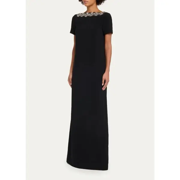 Carolina Herrera Embellished Boat-neck Crepe Short-sleeve Gown - Black