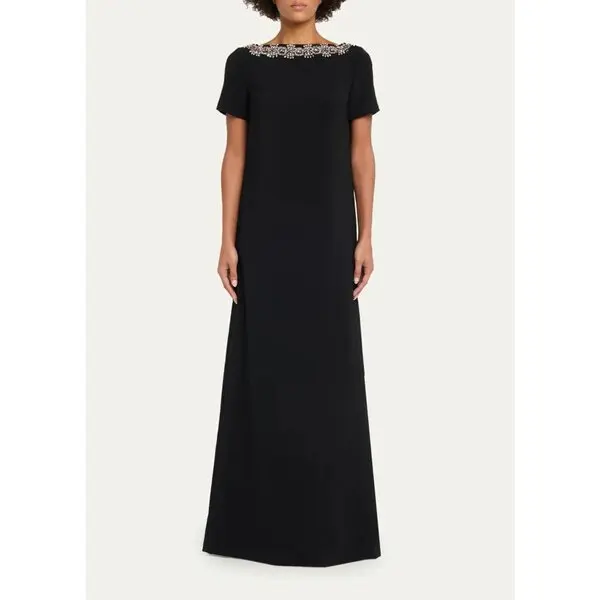 Carolina Herrera Embellished Boat-neck Crepe Short-sleeve Gown - Black