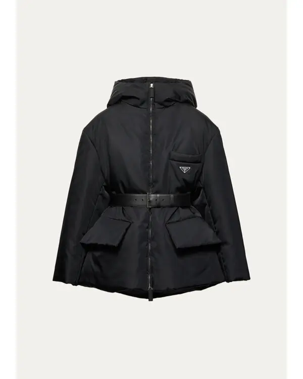 Prada Re-nylon Belt Cinched Hooded Down Jacket
