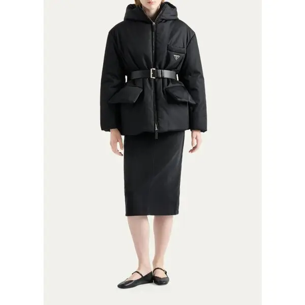Prada Re-nylon Belt Cinched Hooded Down Jacket