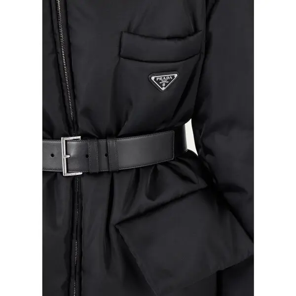 Prada Re-nylon Belt Cinched Hooded Down Jacket