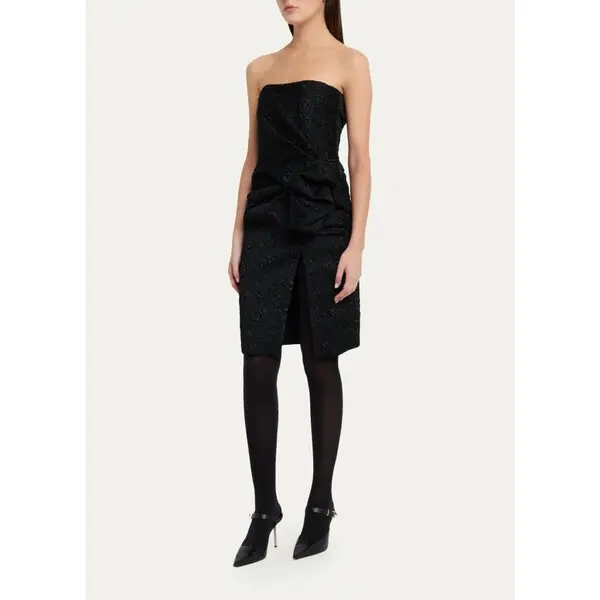 Balmain Strapless Bustier Floral Jacquard Draped Dress