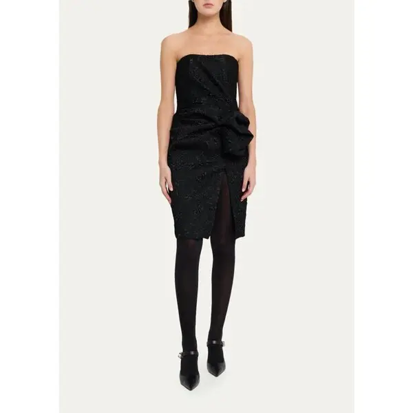 Balmain Strapless Bustier Floral Jacquard Draped Dress