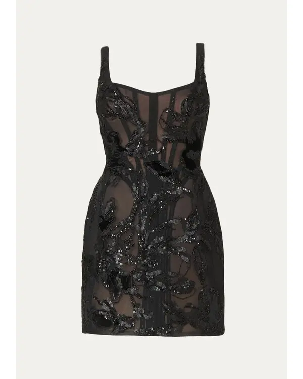 Costarellos Elitta Sleeveless Embellished French Tulle Mini Dress - Black